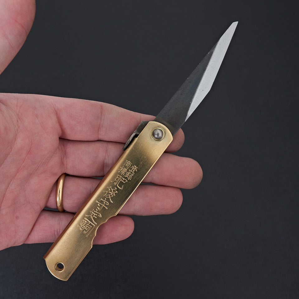 Higonokami Blue Steel Kiridashi Folding Knife Large Brass Handle